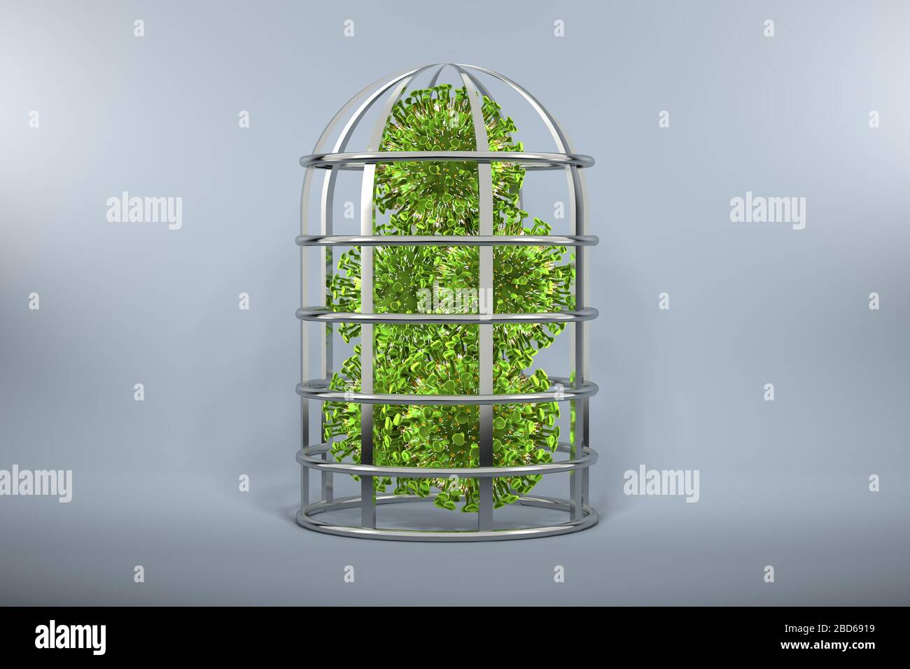 3D illustration of virus isolated in a metal cage. Dangerous pandemic ...