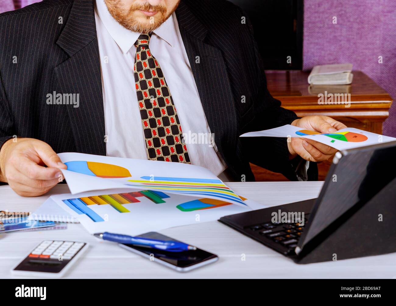 Accountant office using computer, calculating budget working on office ...