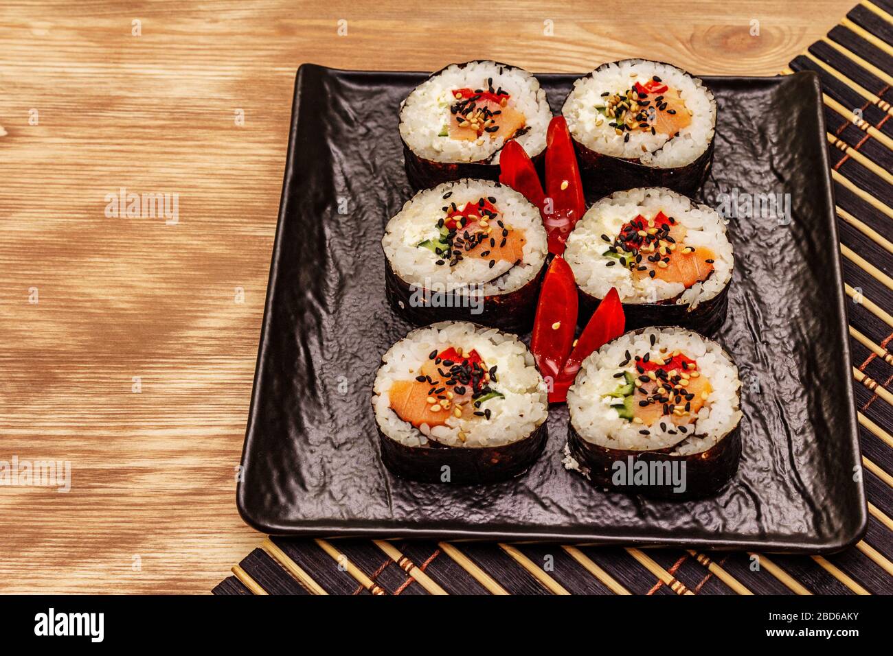 Korean roll Gimbap(kimbob). Steamed white rice (bap) and various other ...