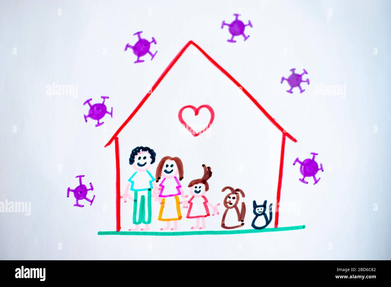 Isolated child draw, representing she and her family and pets happy at ...