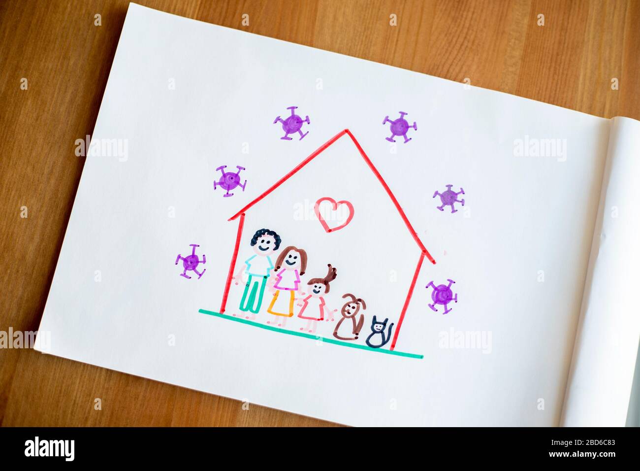 Simple child's drawing on wooden background, representing she and her ...