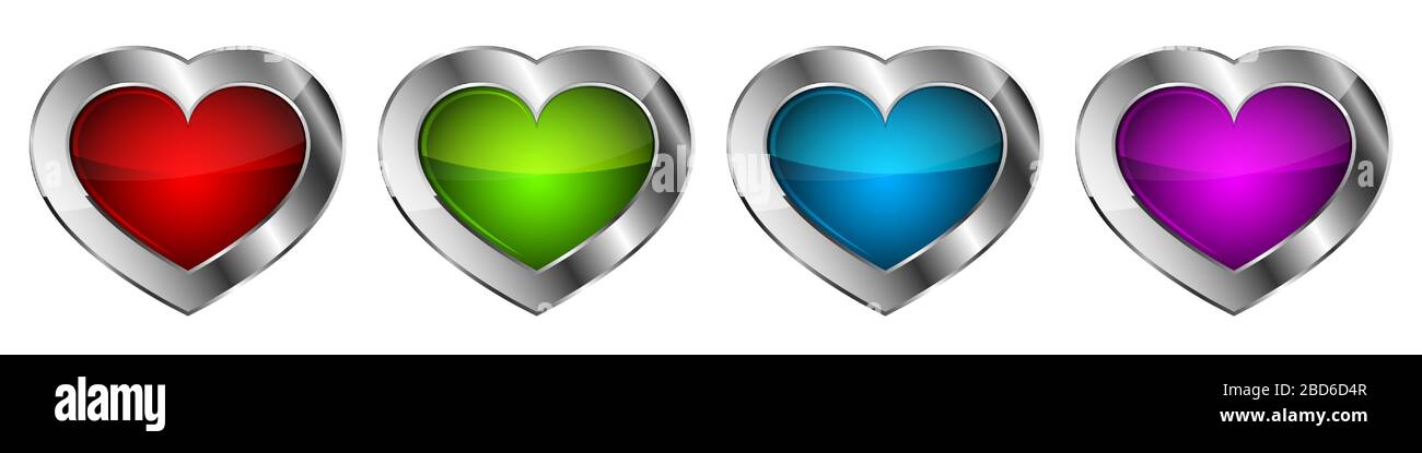 Heart icons set. Bright glossy Heart templates in a chrome frame ...