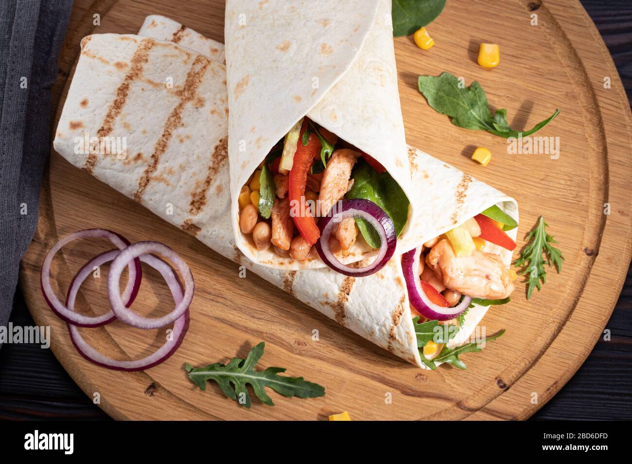 Mexican burrito with chicken, pepper and beans. Top view Stock Photo ...