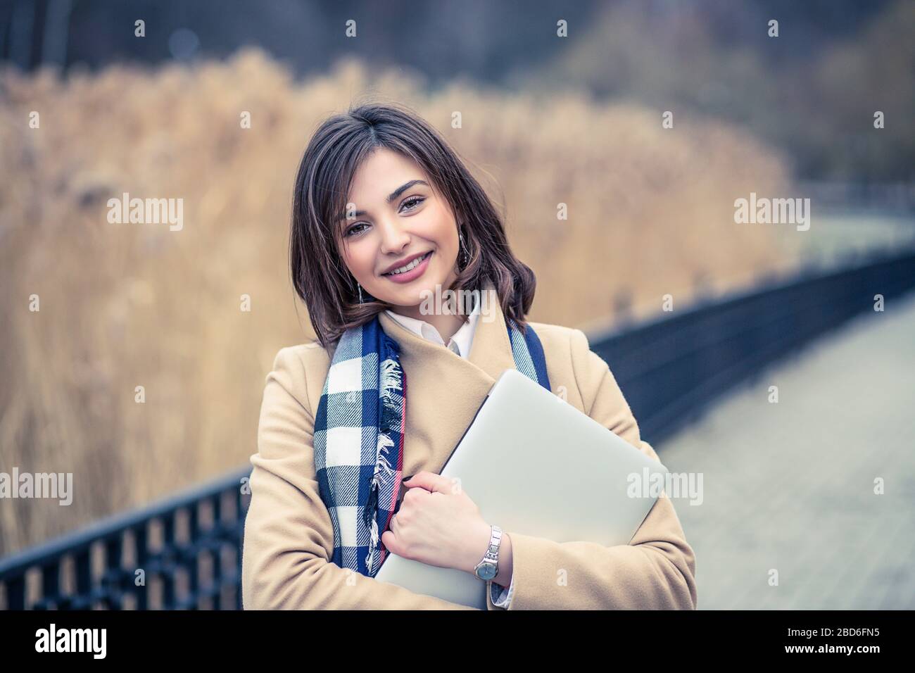 Closeup portrait of beautiful smiling college student look happy ...