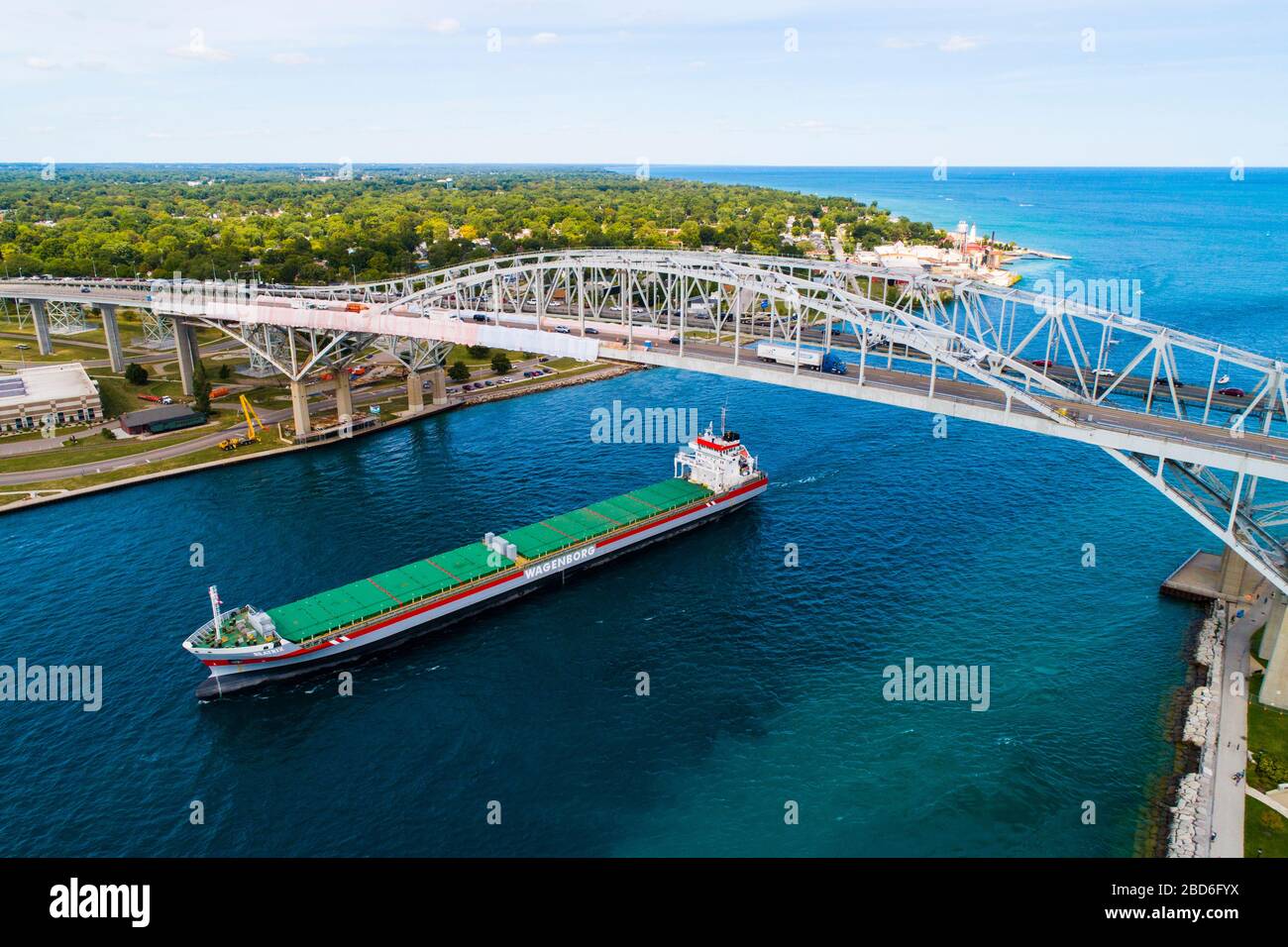 Aerial view Great Lakes shipping freighter on the St. Clair River in ...