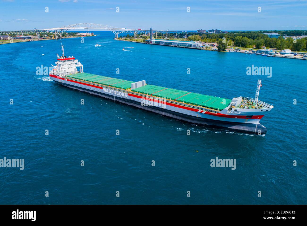 Aerial view Great Lakes shipping freighter on the St. Clair River in ...