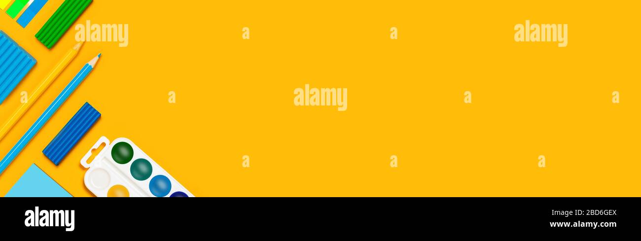 School supplies on yellow background. Back to school web banner Stock ...