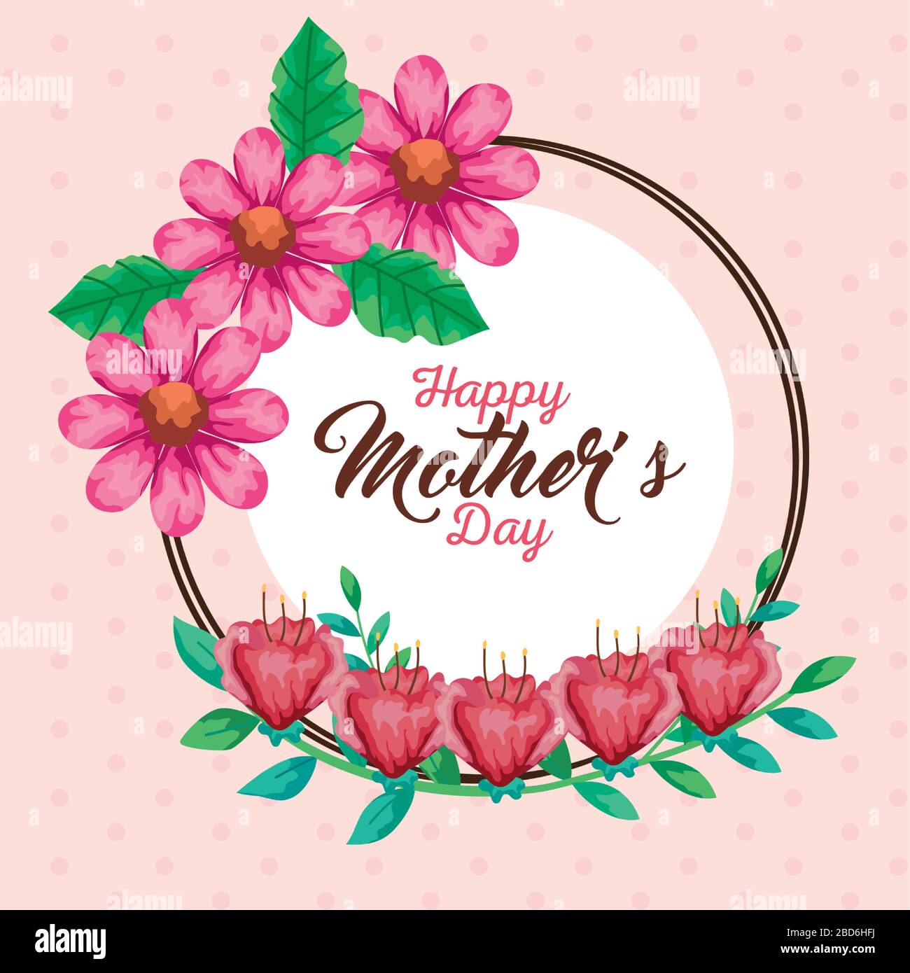 Flowers with leaves circle of happy mothers day over pointed background ...