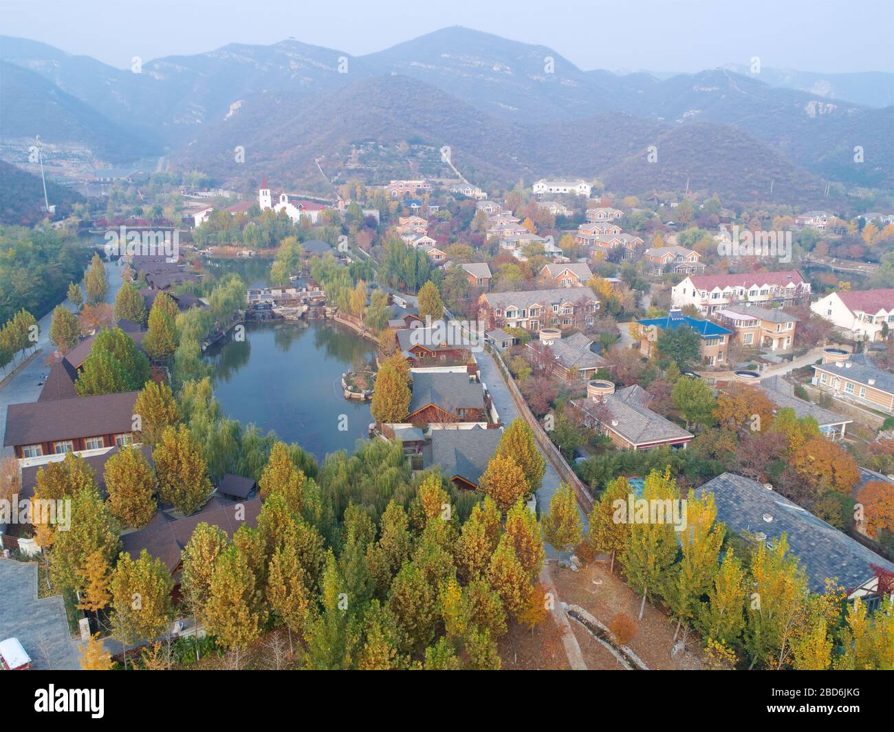 Aerial view of expensive villas in countryside suburb of Beijing during ...