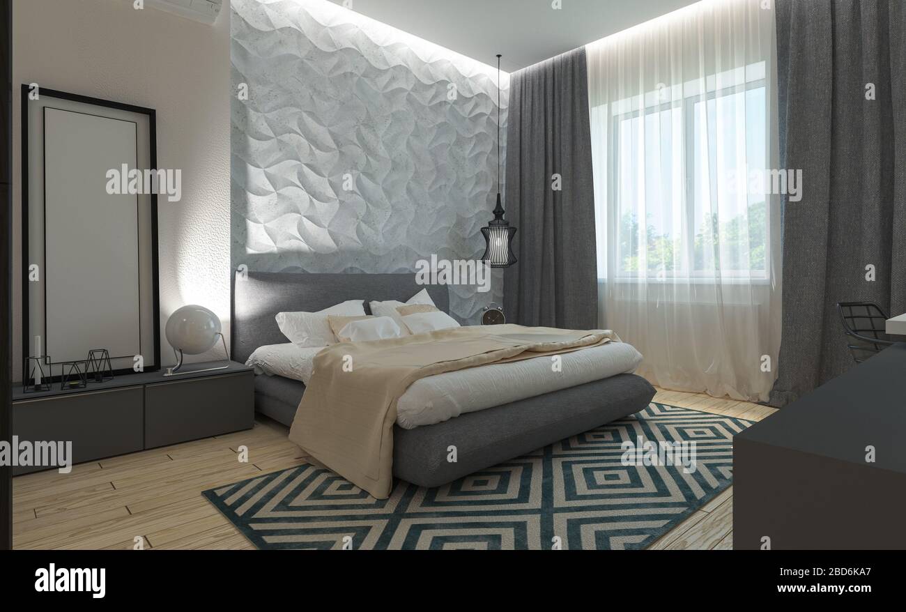 Master bedroom with dressing room 3D panels in a modern style Stock ...