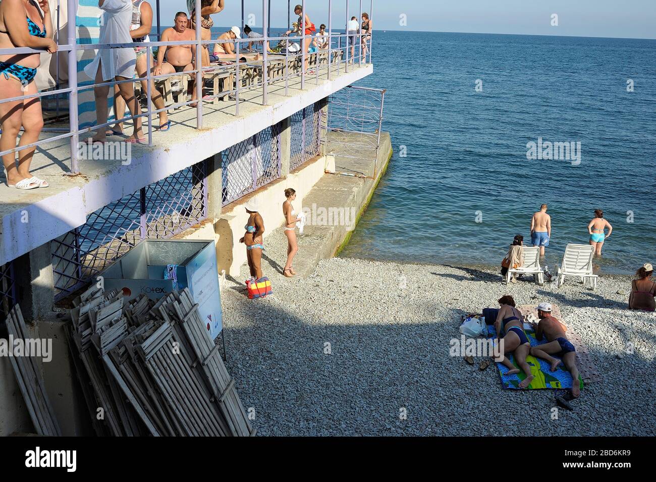 People sunbathing on a sea beach. July 12, 2018. Alushta, Crimea Stock ...
