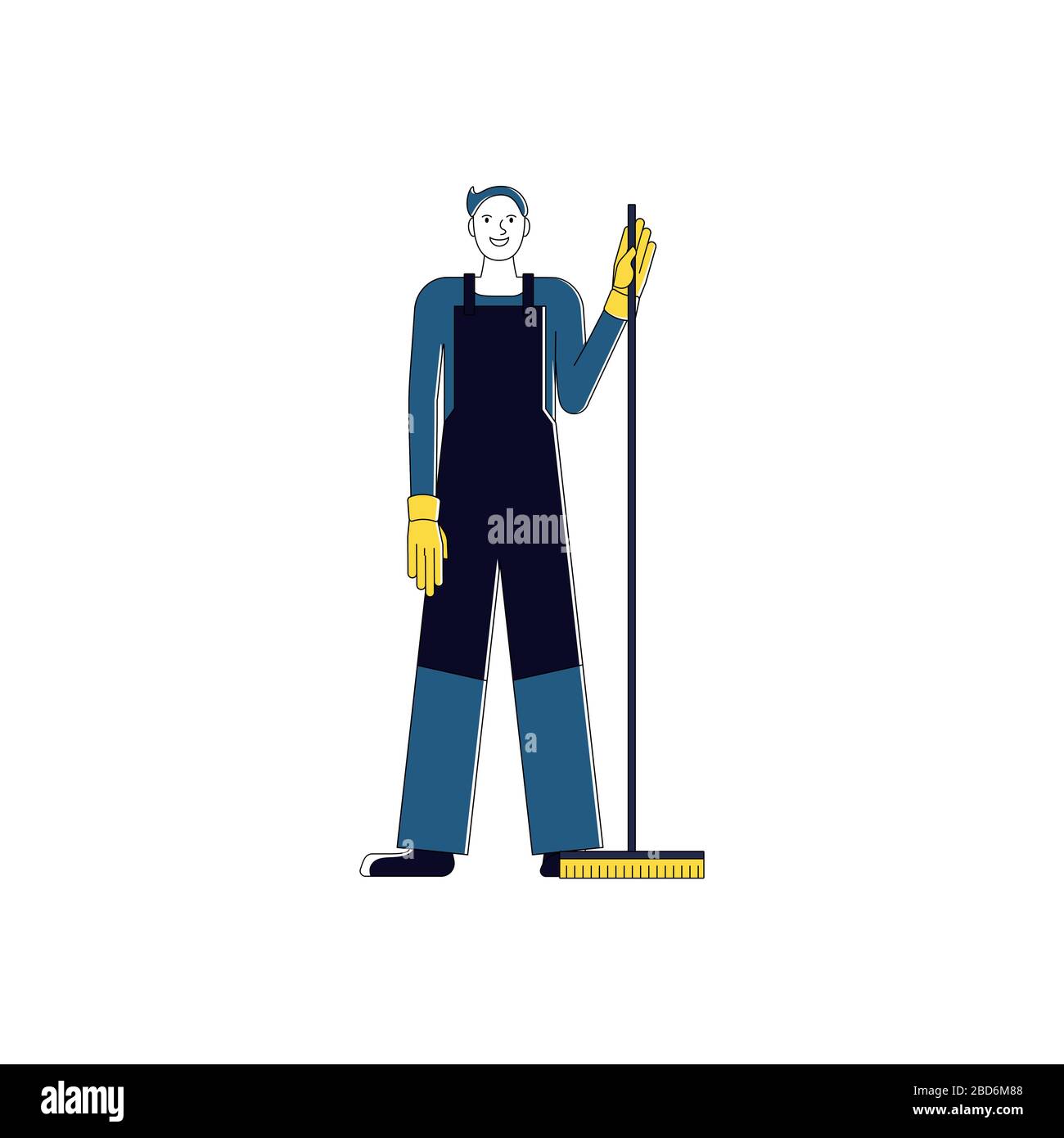 Cheerful cleaner man with a mop. Isolated on white background. Flat ...