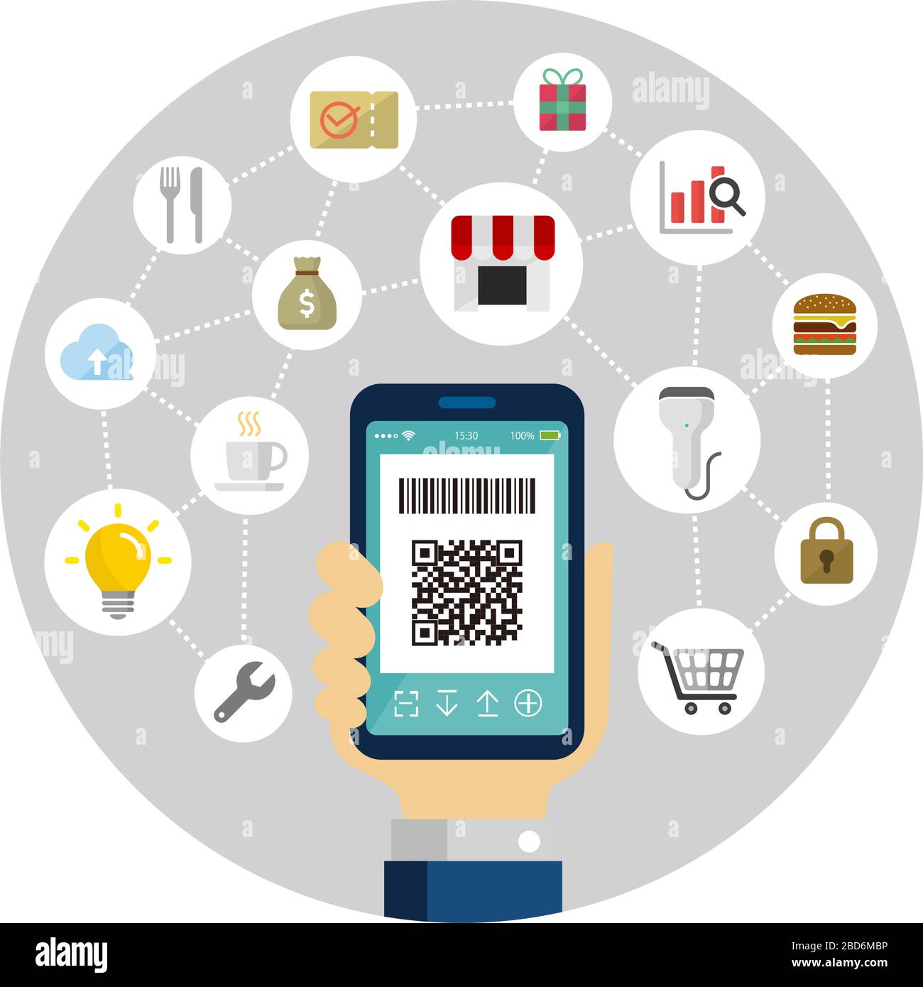 QR code payment, smartphone payment / round banner vector illustration ...