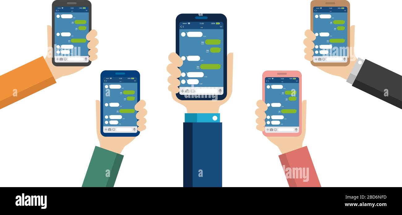 Hand holding smartphone vector banner illustration /Chat app (SNS ...