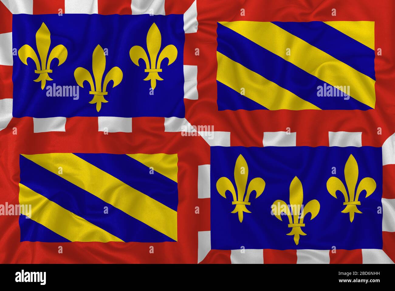 Burgundy territory flag flag on wavy silk textile fabric background ...