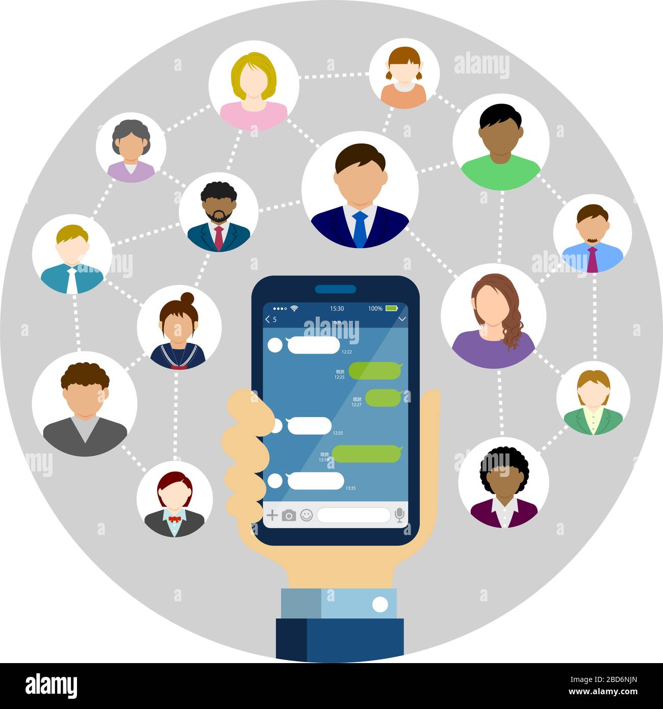 Chat app (SNS/message app) circle vector banner illustration / Hand ...