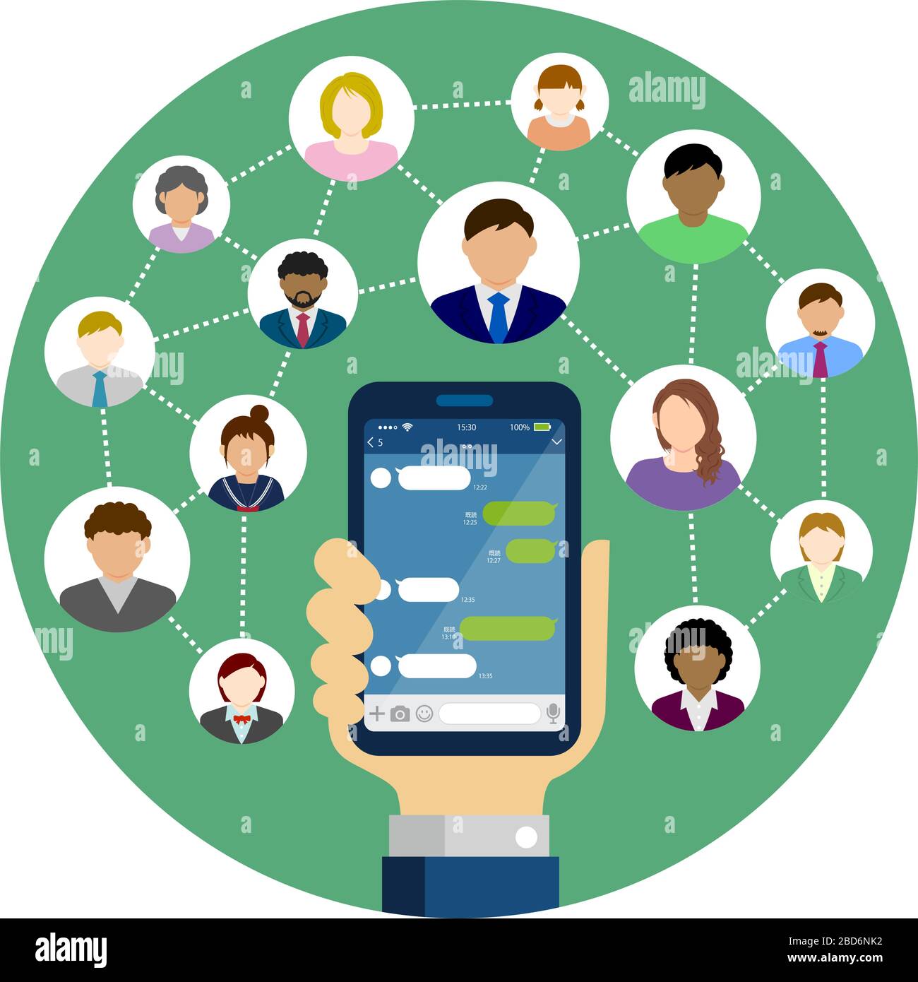 Chat app (SNS/message app) circle vector banner illustration / Hand ...