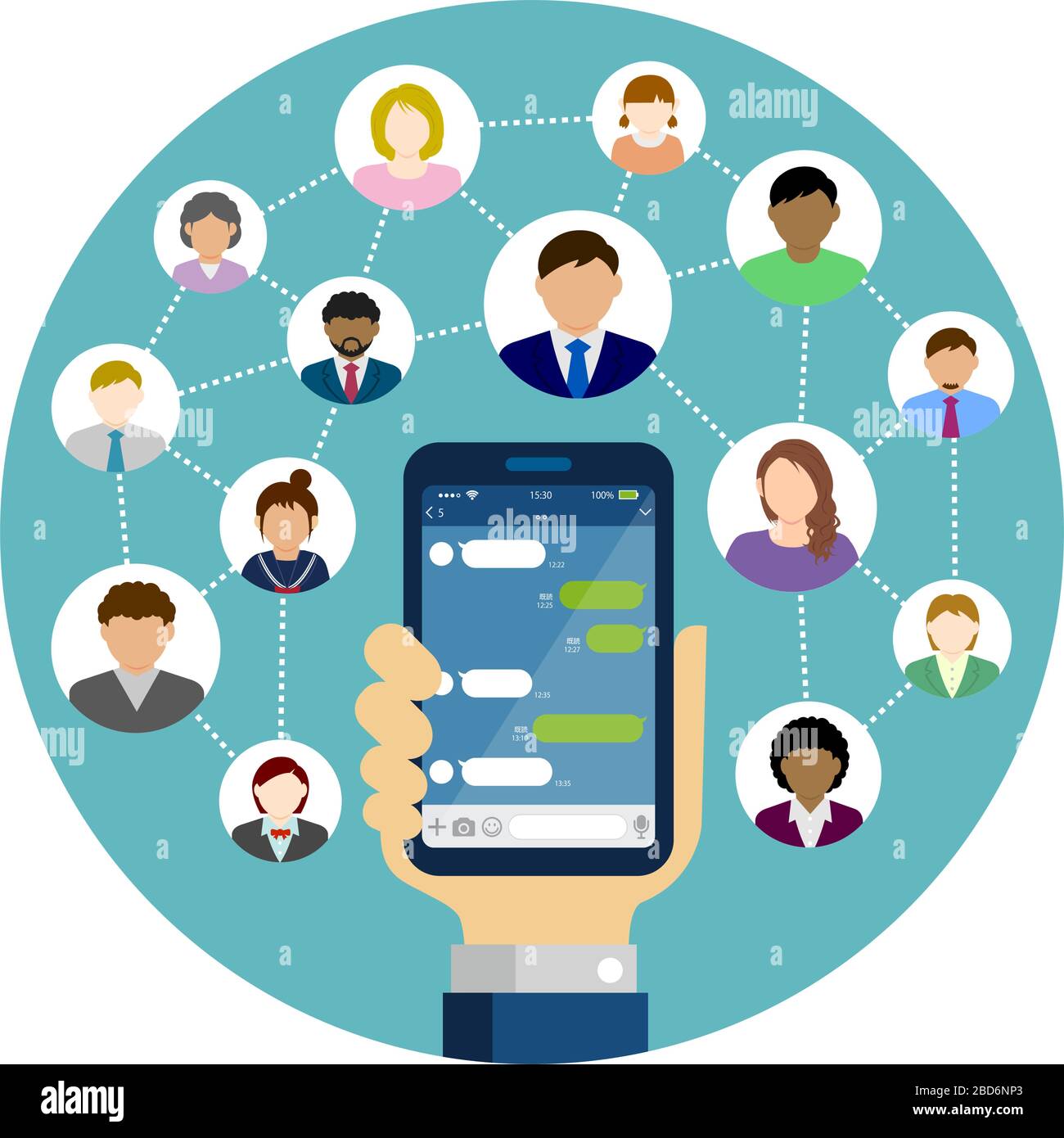 Chat app (SNS/message app) circle vector banner illustration / Hand ...