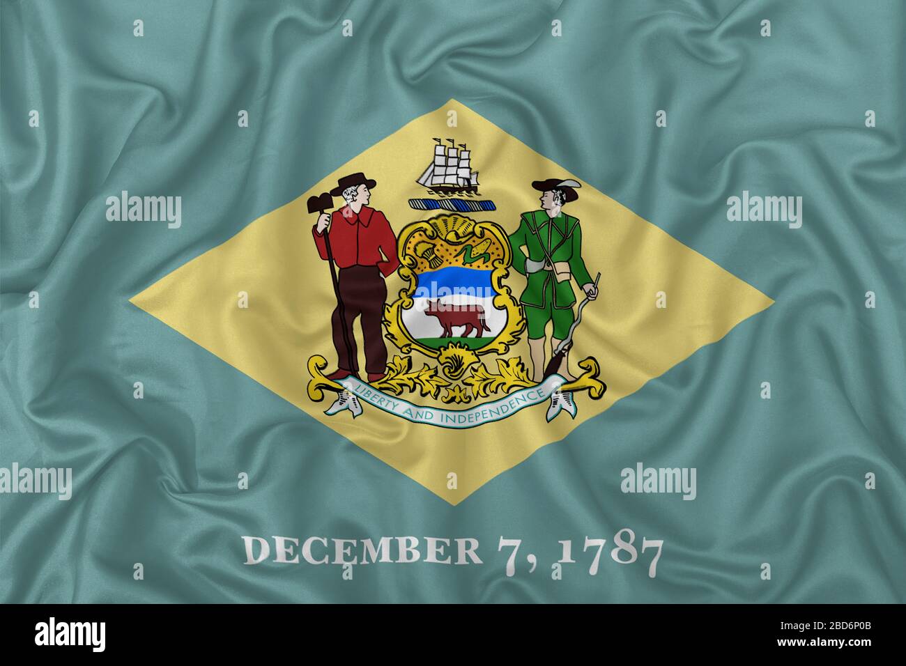 delaware state flag on a wavy silk satin fabric texture background ...