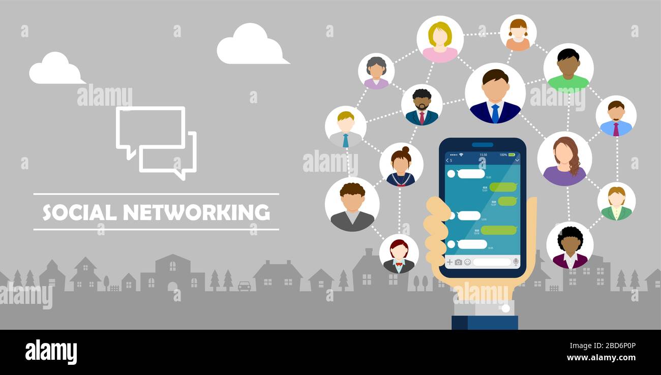 Chat app (SNS/message app) vector banner illustration / Hand holding ...