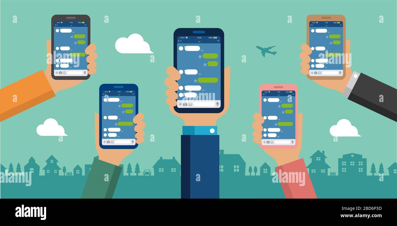 Hand holding smartphone vector banner illustration /Chat app (SNS ...