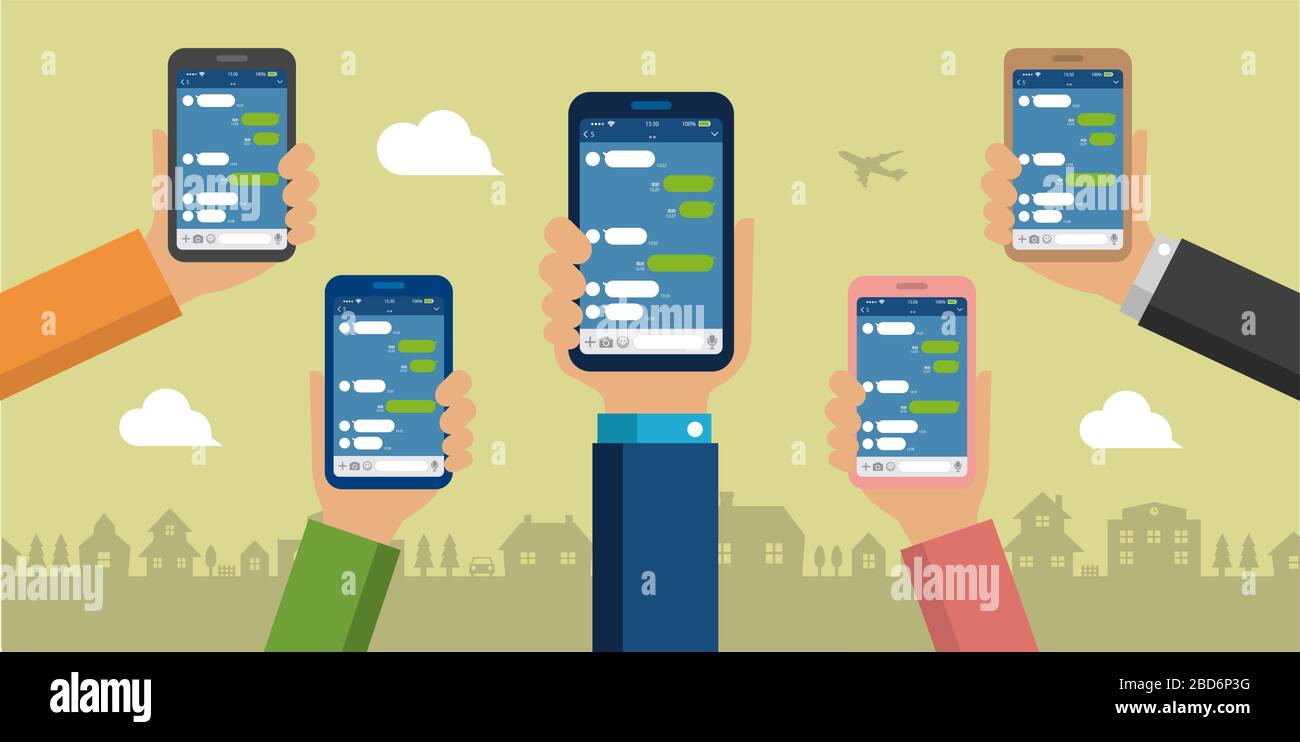 Hand holding smartphone vector banner illustration /Chat app (SNS ...