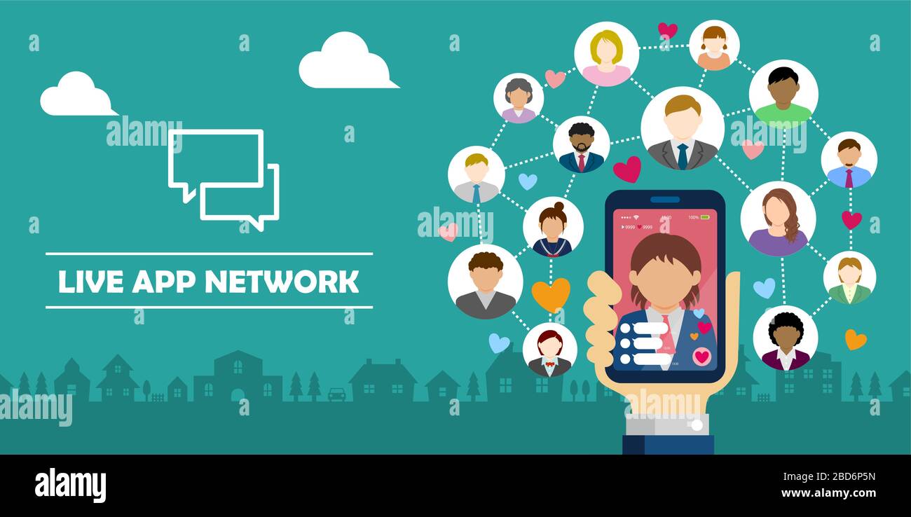 SNS / live chat app / streaming TV vector banner illustration. Hand ...