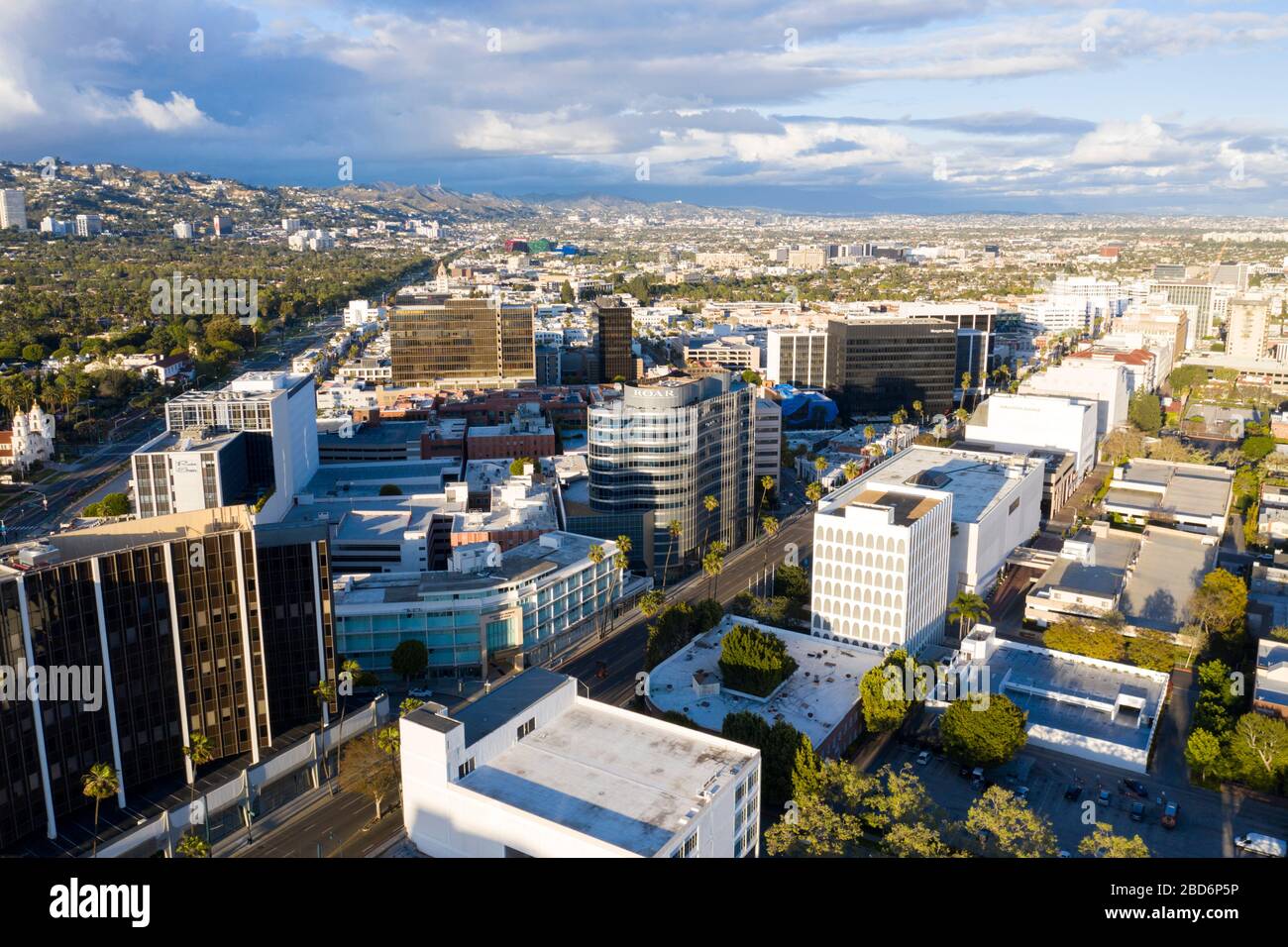 Aerial views of downtown Beverly Hills business district, California ...