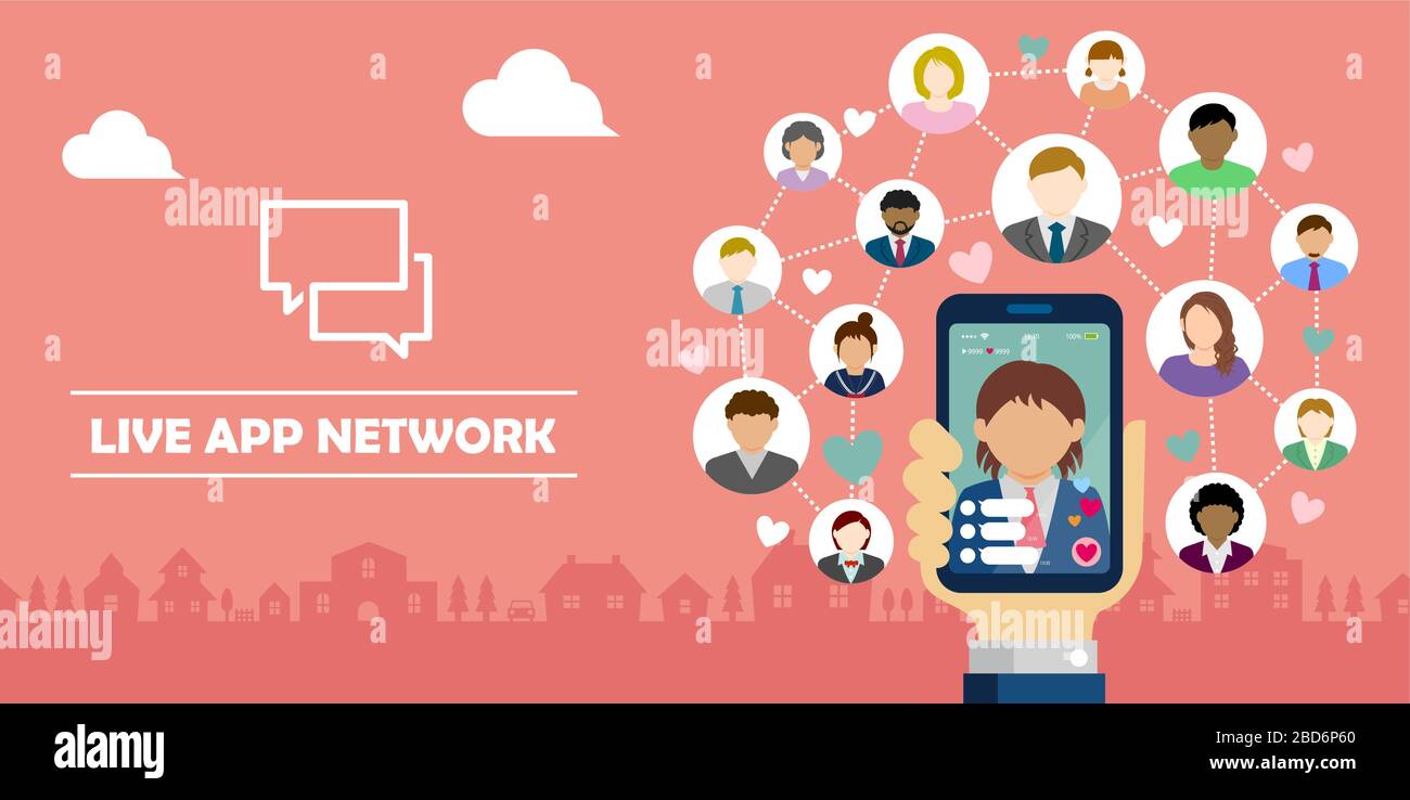 SNS / live chat app / streaming TV vector banner illustration. Hand ...