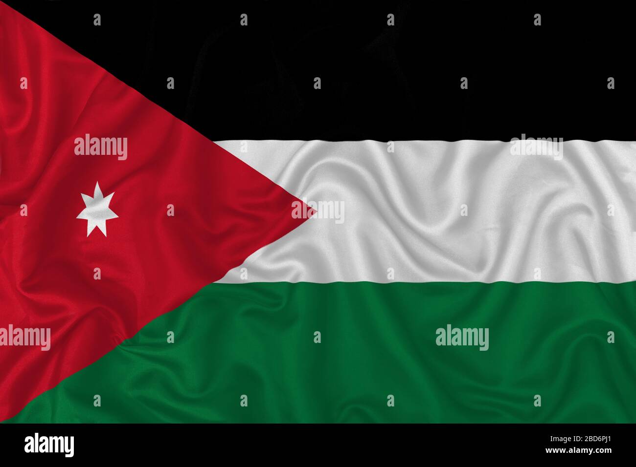 Jordan country flag on wavy silk textile fabric background Stock Photo ...