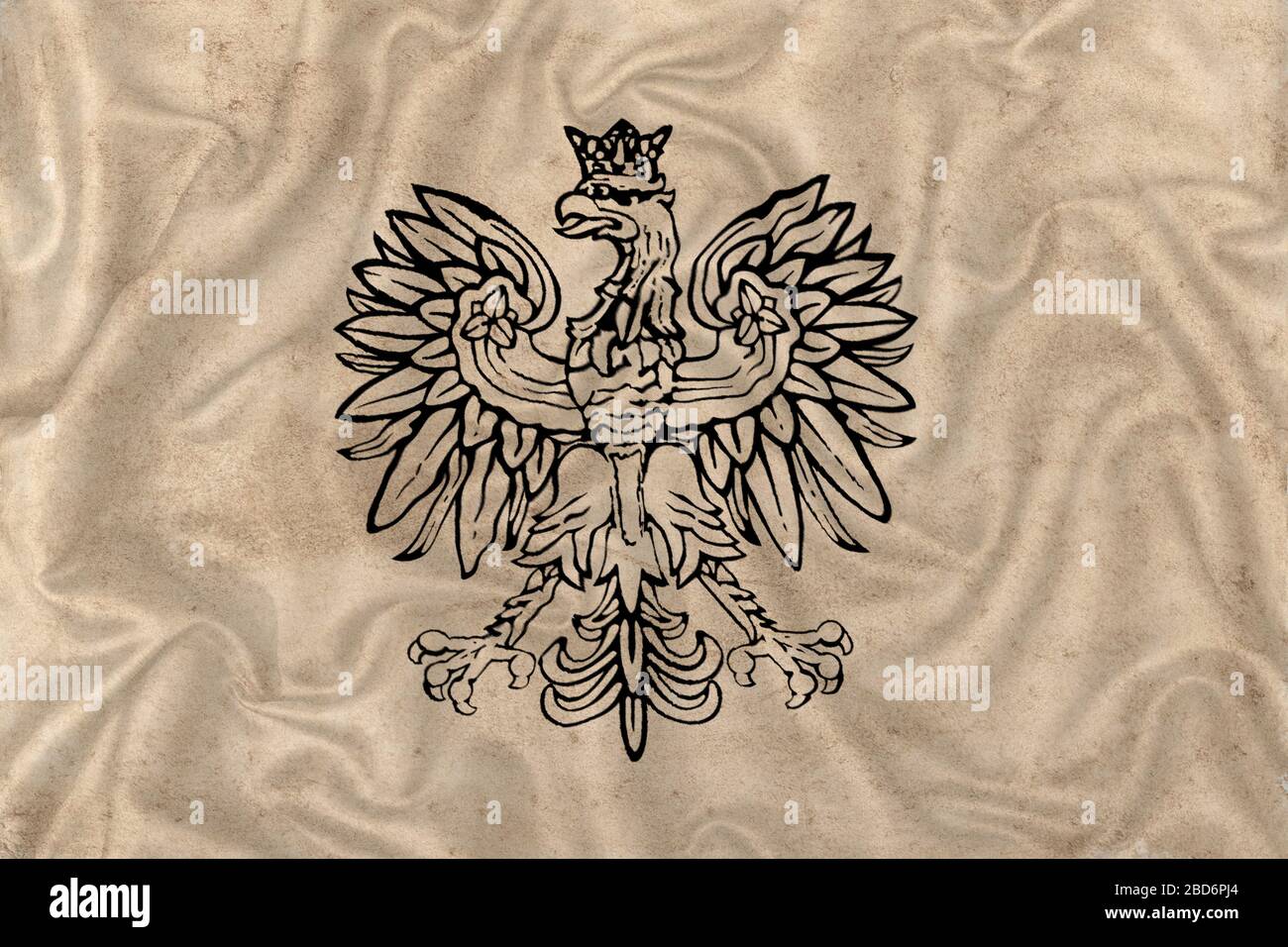 View of an falcon heraldic design on wavy fabric silk satin texture ...