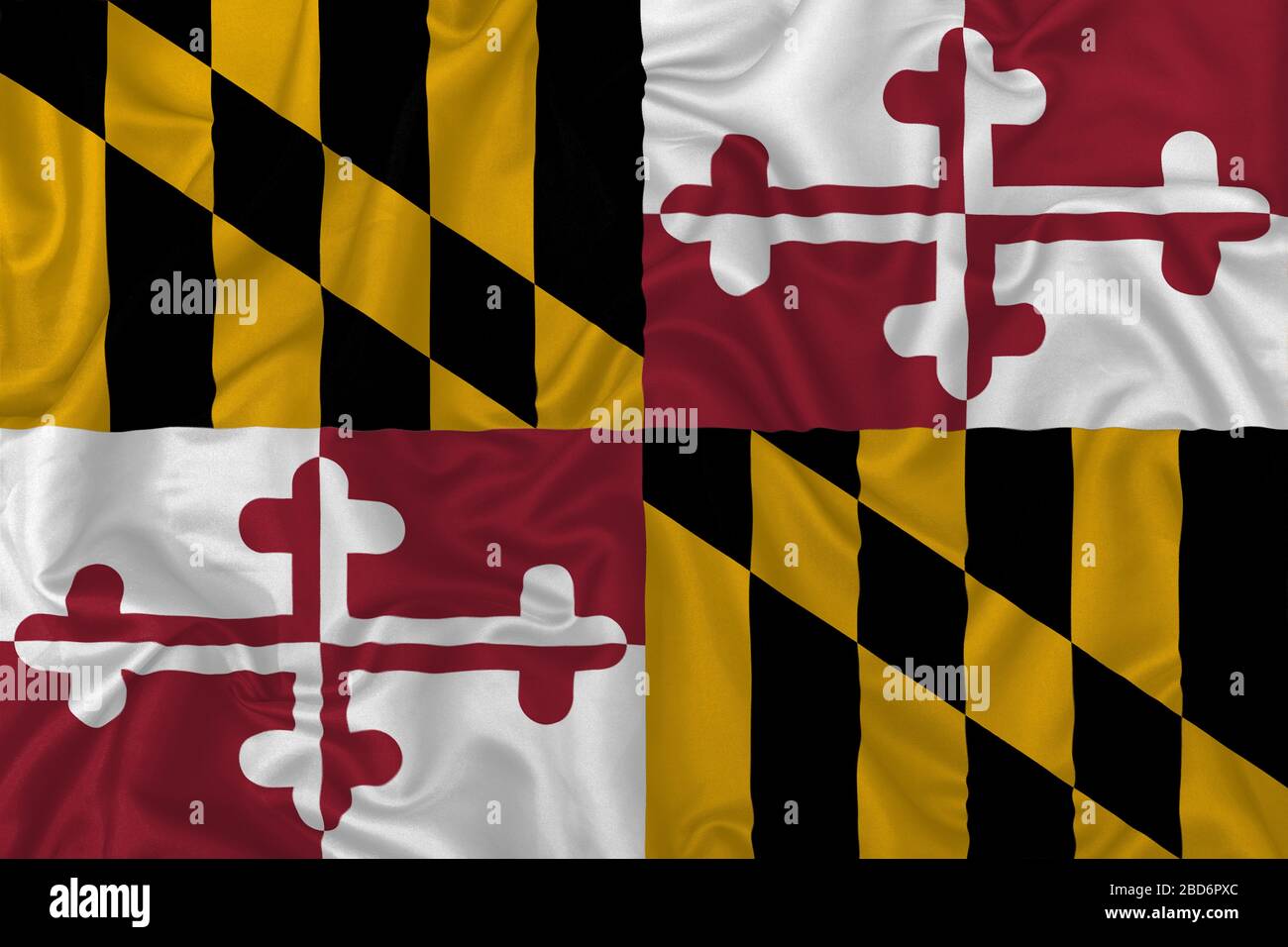 maryland state flag on a wavy silk satin fabric texture background ...