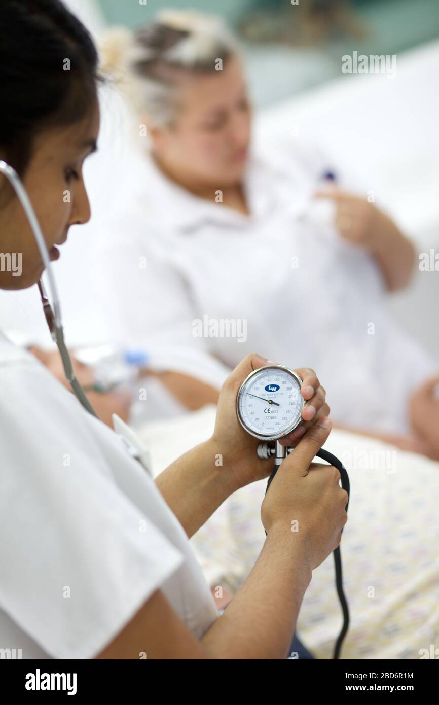 Two young trainee nurses using oxygen equipment in a clinical setting ...