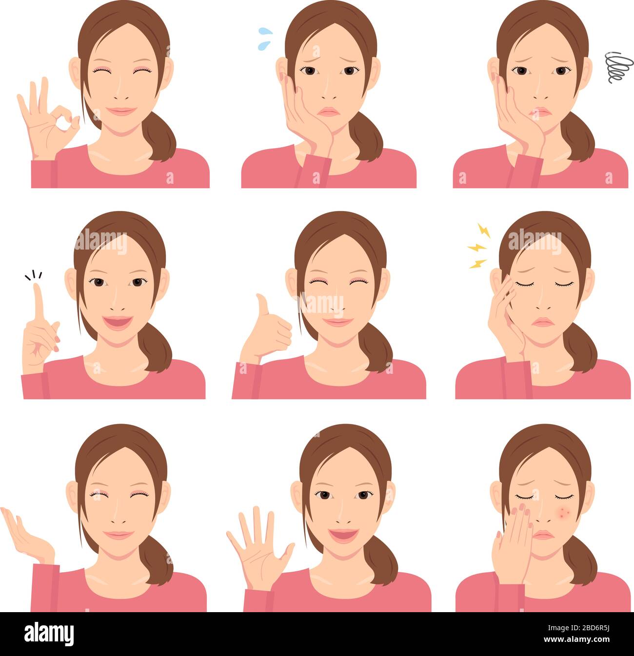 Young woman vector illustration set / hand gesture and emotional face variation Stock Vector ...