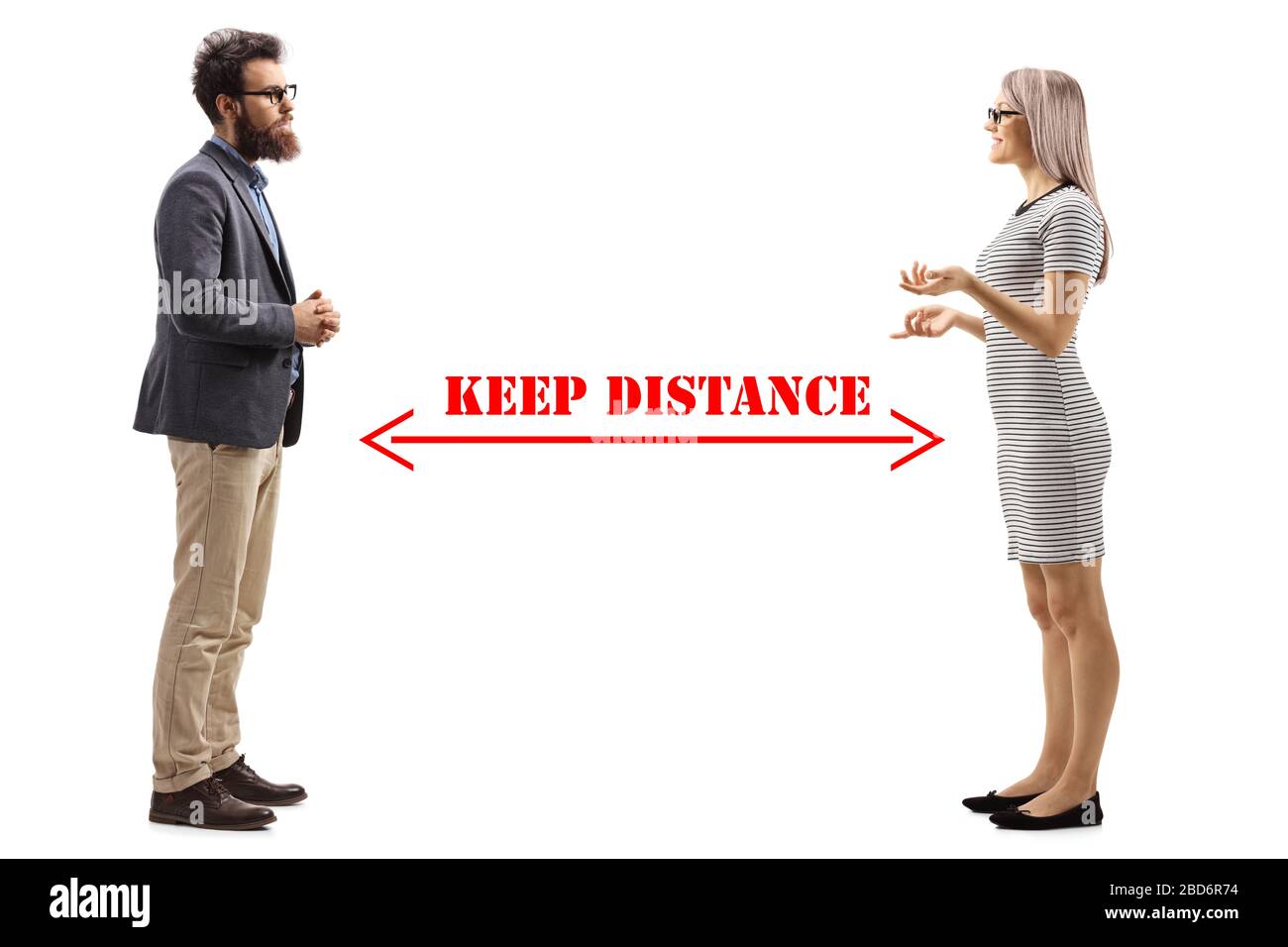 Full length profile shot of a man and woman talking and an arrow drawn ...