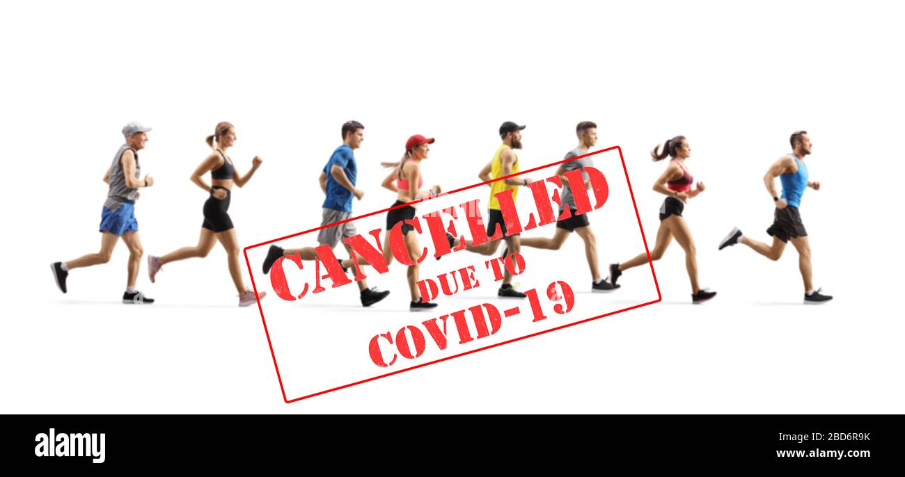 Full length profile shot men and women running a marathon isolated on ...