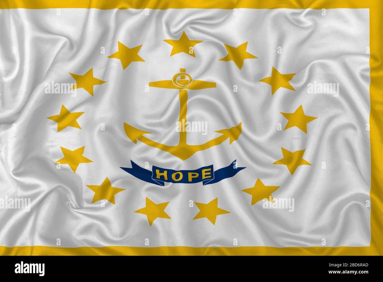 Rhode island state flag on a wavy silk satin fabric texture background ...