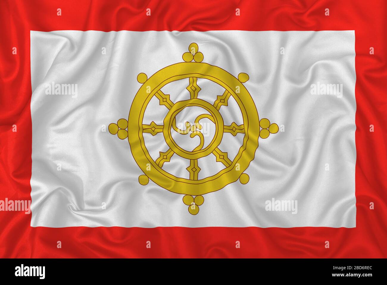 Sikkim state flag (1967-1975) on wavy silk textile fabric background ...