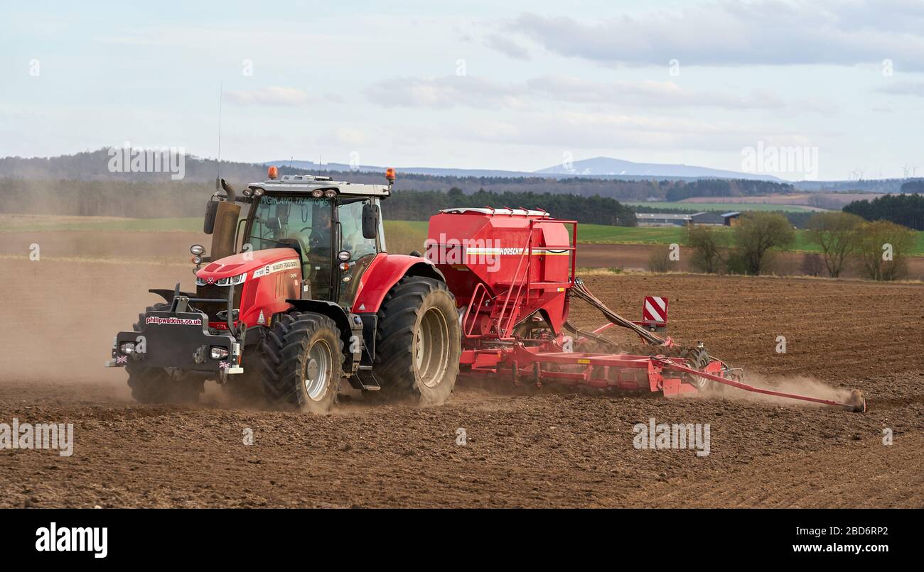Farm, Roseisle, Moray, UK. 7th Apr, 2020. UK. This is a farmer sowing ...