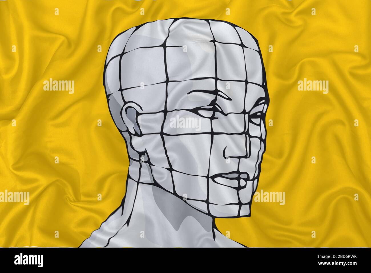 Virtual head cyborg design on a wavy silk satin fabric texture ...