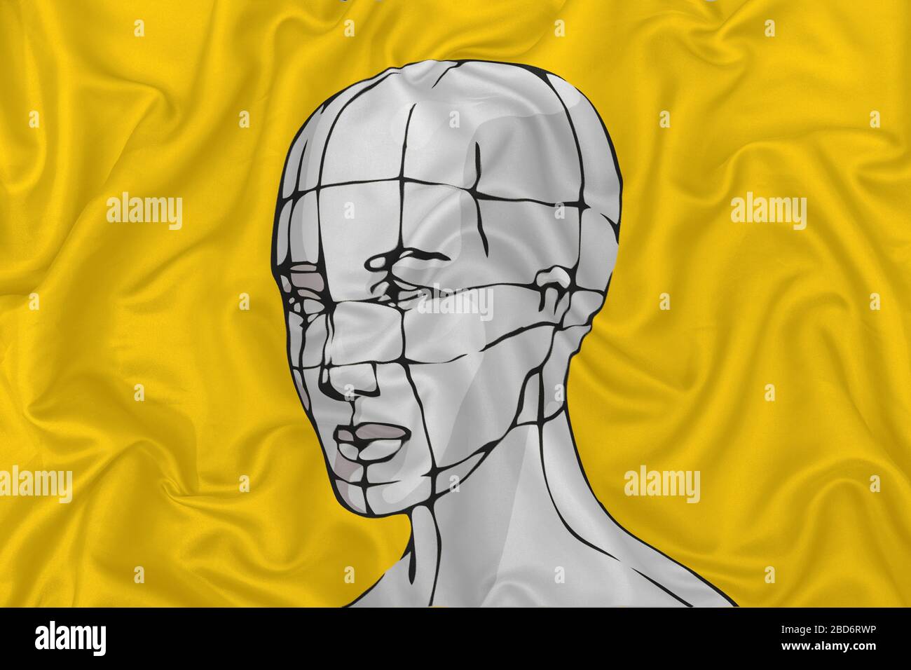 Virtual head cyborg design on a wavy silk satin fabric texture ...
