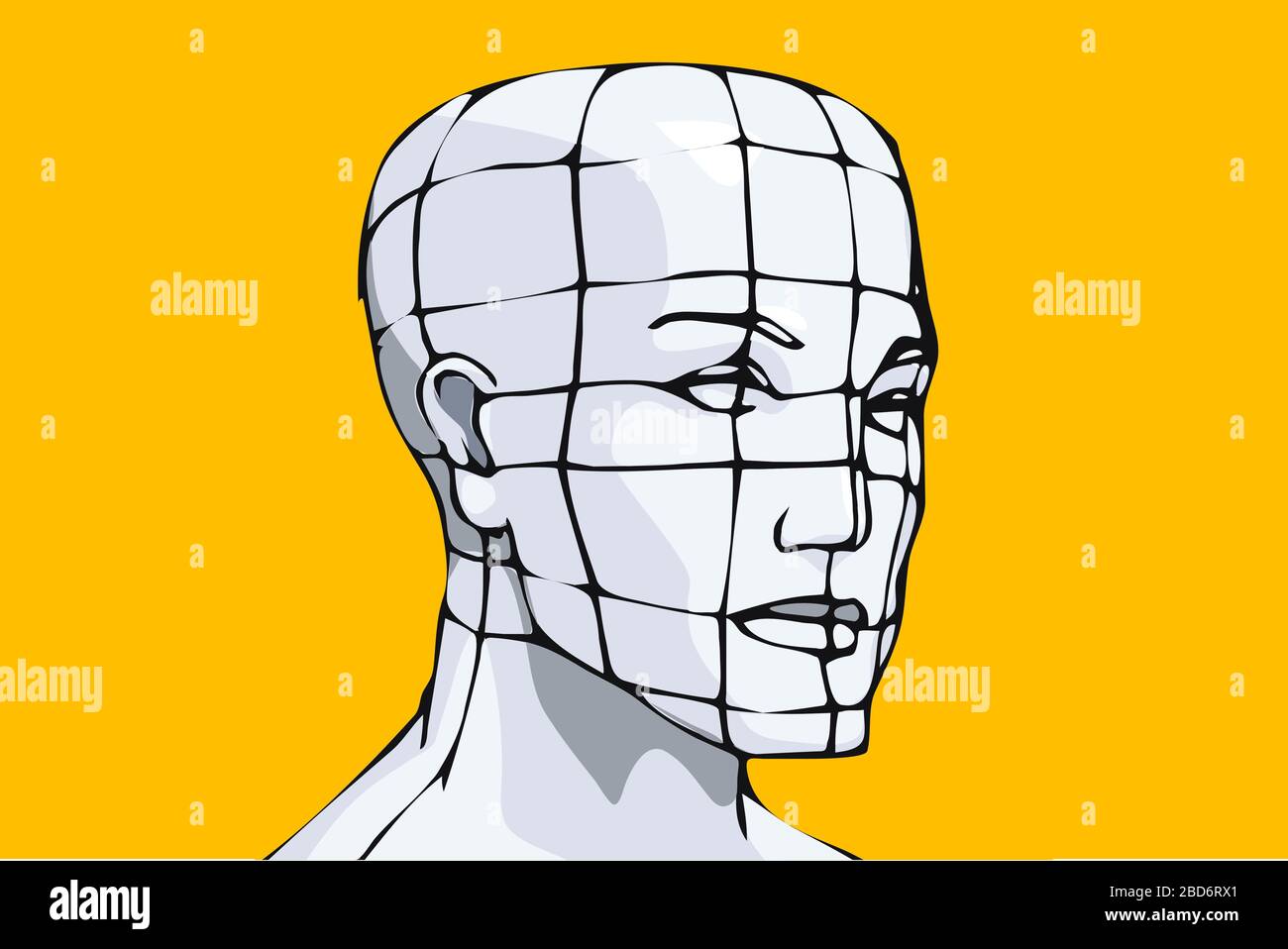 Male Virtual head cyborg design on a yellow background Stock Photo - Alamy