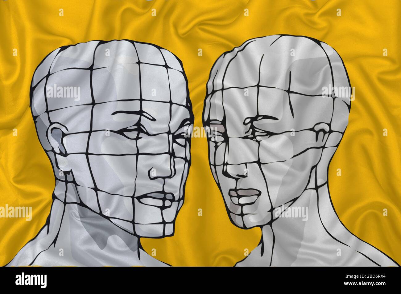 Virtual heads cyborg design on a wavy silk satin fabric texture ...