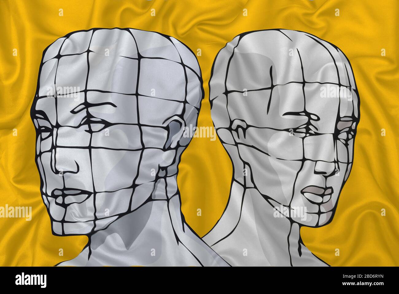 Virtual heads cyborg design on a wavy silk satin fabric texture ...