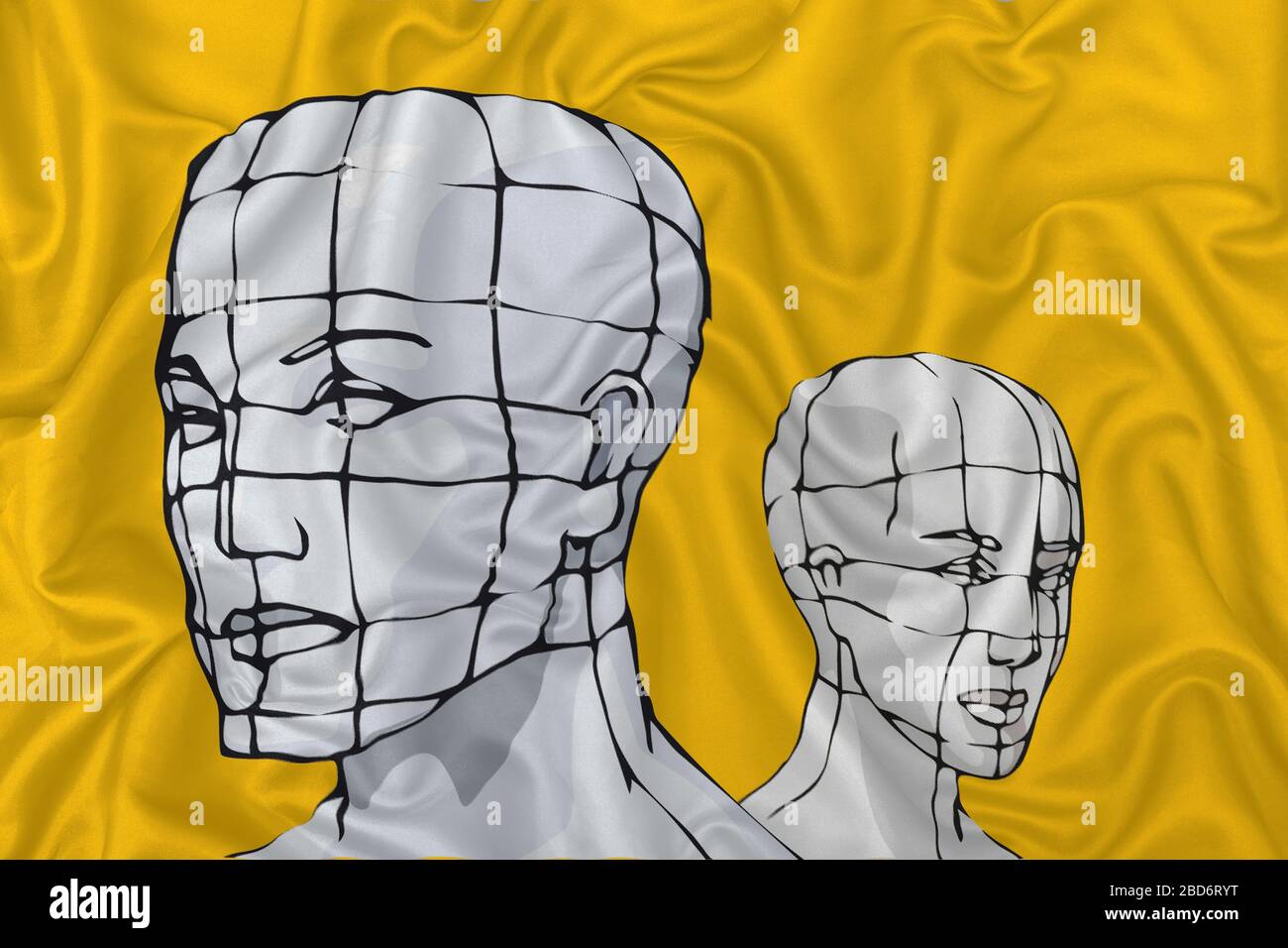 Virtual heads cyborg design on a wavy silk satin fabric texture ...
