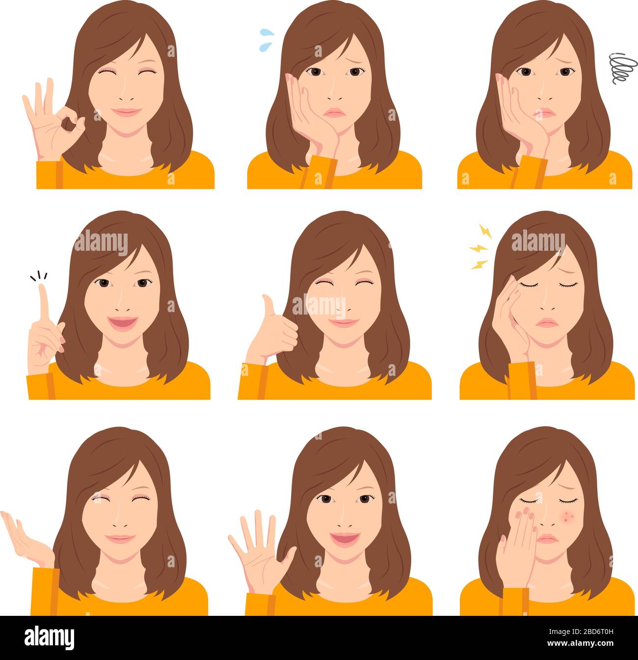 Young woman vector illustration set / hand gesture and emotional face variation Stock Vector ...