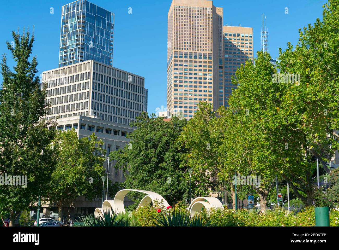 Melbourne Australia - March 10 2020; City skyline and gardens behind ...