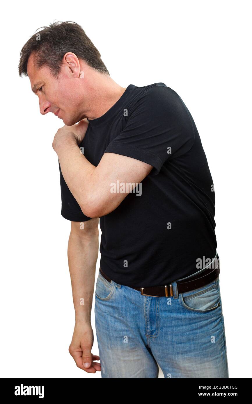 Mature man has an attack of shoulder pain, isolated on white Stock ...