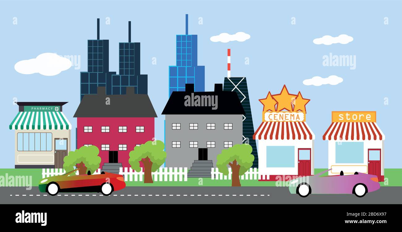Flat vector cartoon style illustration of landscape street with cars ...
