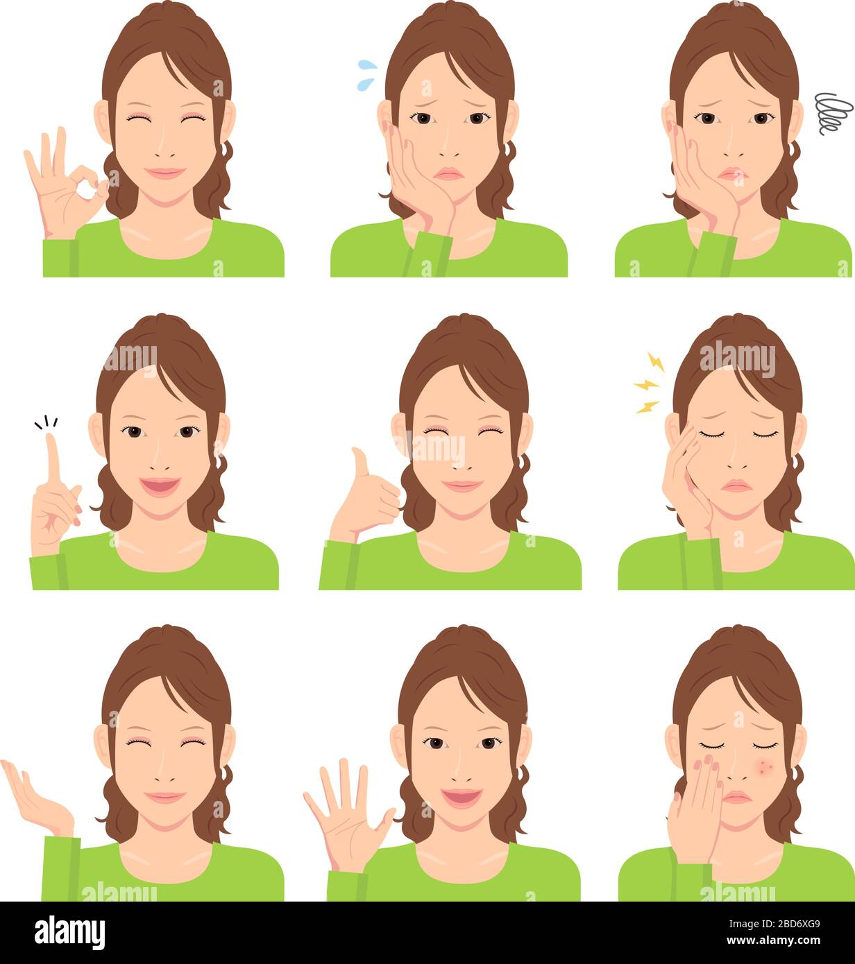 Young woman vector illustration set / hand gesture and emotional face variation Stock Vector ...